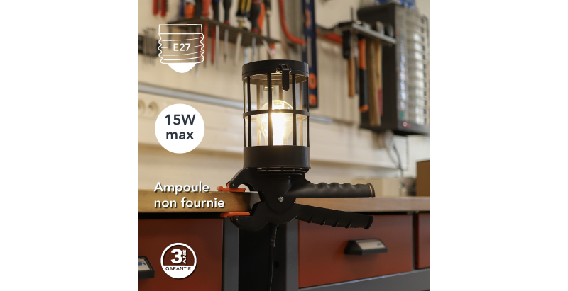 Baladeuse à pince E27 sans lampe 60W max et câble 5M