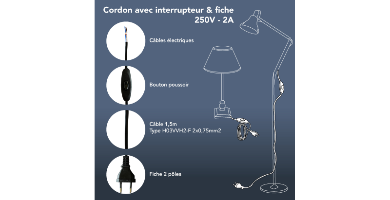Cordon électrique noir avec interrupteur et fiche 2 pôles L.1M50